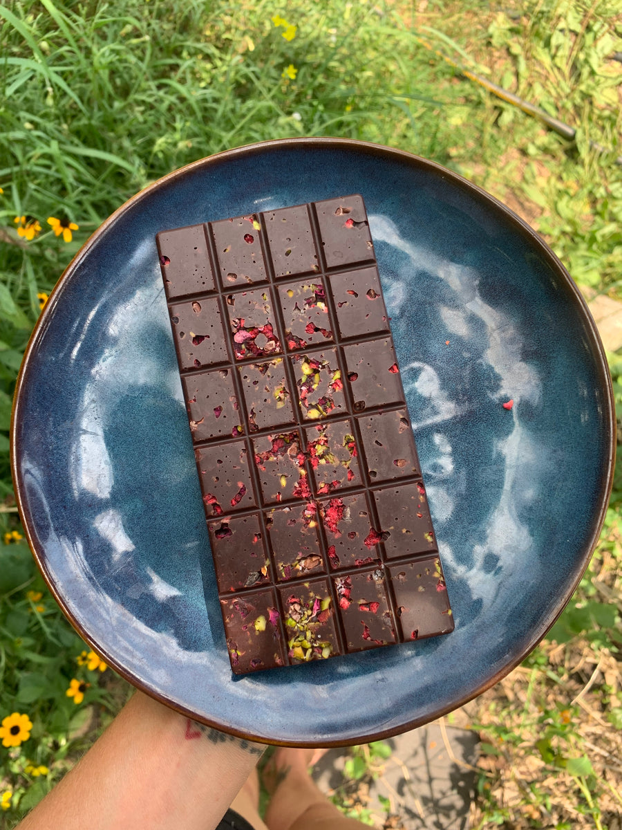 Pistachio Raspberry Rose Raw Chocolate Bar – Kosmic Koala